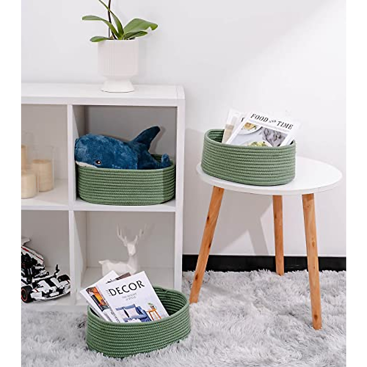 Kriitools Shelf Storage Baskets for Organizing|Decorative Basket for Closet Storage|Toy Baskets&Bins|Small Woven Rope Baskets-13x8.66x5.11’’,Durable&Stylish,Oval 3 Packs Green