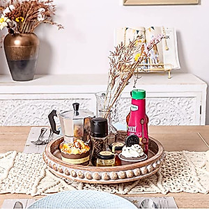 NIKKY HOME 12 Inch Turntable Lazy Susan Organizer for Cabinet Pantry Kitchen Countertop Refrigerator Cupboard, Wood Beaded Decorative Serving Tray Spice Organizer, Distressed White