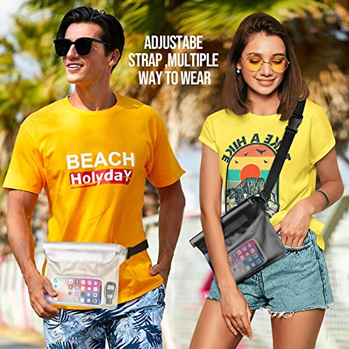 Hommtina Waterproof Phone Case Waterproof Bag,Waterproof Fanny Pack Waterproof Pouch with Adjustable Belt for Beach, Swimming, Boating, Fishing (2 * fanny pack(black+white)+2 * phone case(black))