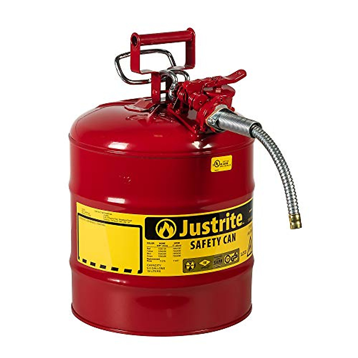 Justrite 7250120 AccuFlow 5 Gallon, 11.75" OD x 17.50" H Galvanized Steel Type II Red Safety Can With 5/8" Flexible Spout
