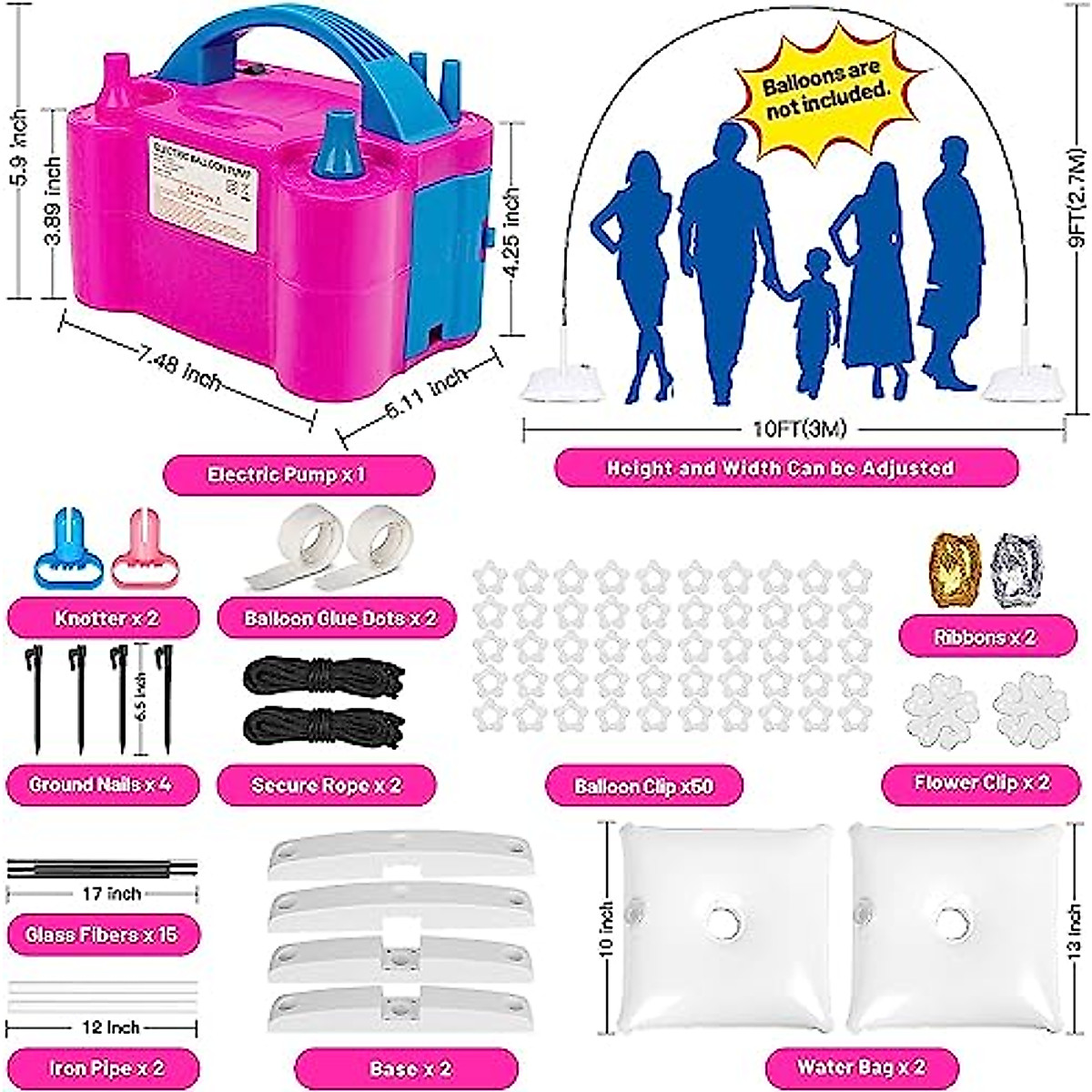 Balloon Arch Kit and Pump, 9Ft Tall & 10Ft Wide Adjustable Balloon Arch Holder Stand with Base, Iron Pipe, Water bag, Balloon Clips, Knotter for Wedding Graduation Birthday Party Supplies Decoration