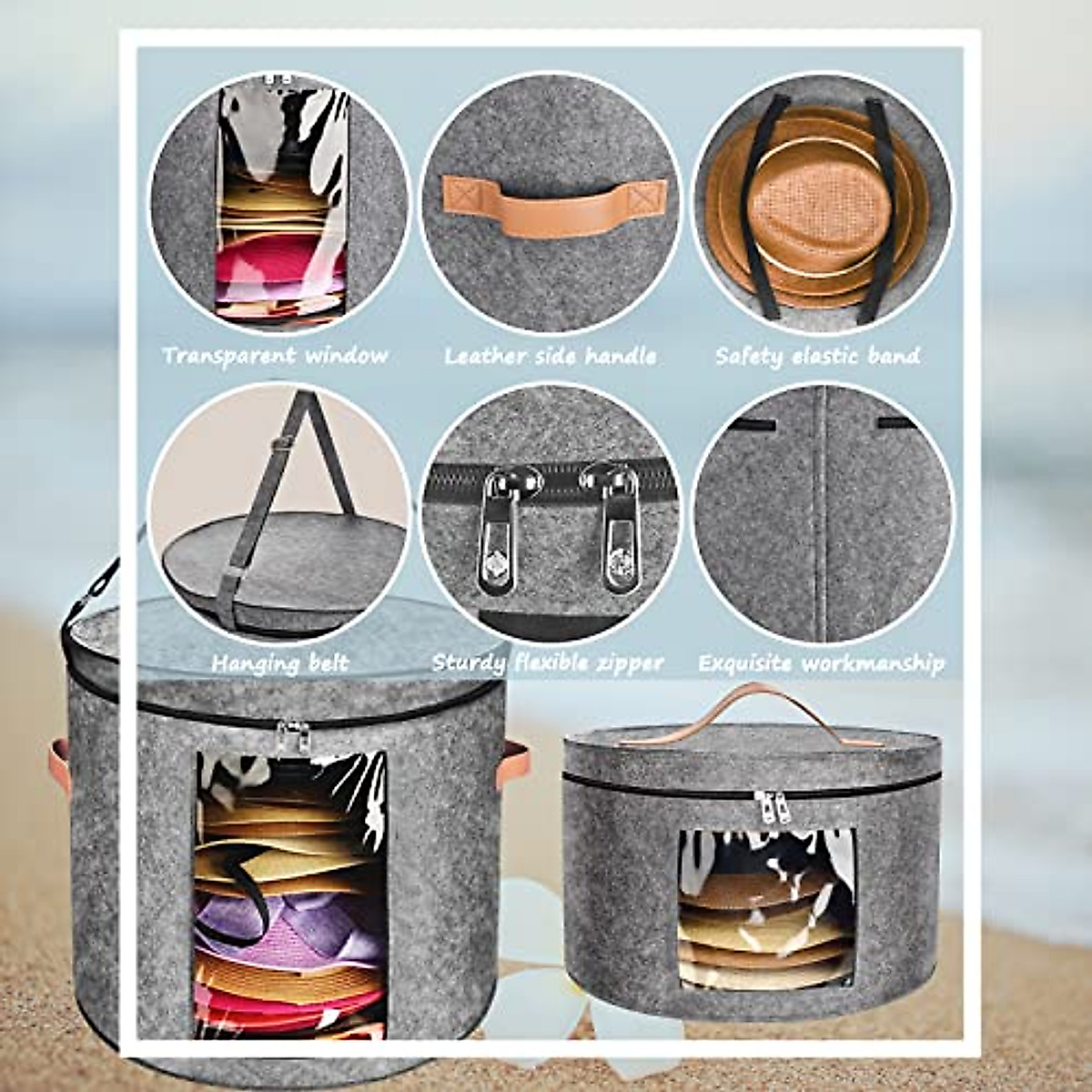 CAPHONT 2 Pack Huge Hat Box for Women & Men Hat Storage Boxes Foldable Felt Round Travel Hat Organizer Large Size (19" D x 17" H) & Small Size (17" D x 10" H) with Dustproof Lid for Various Hats