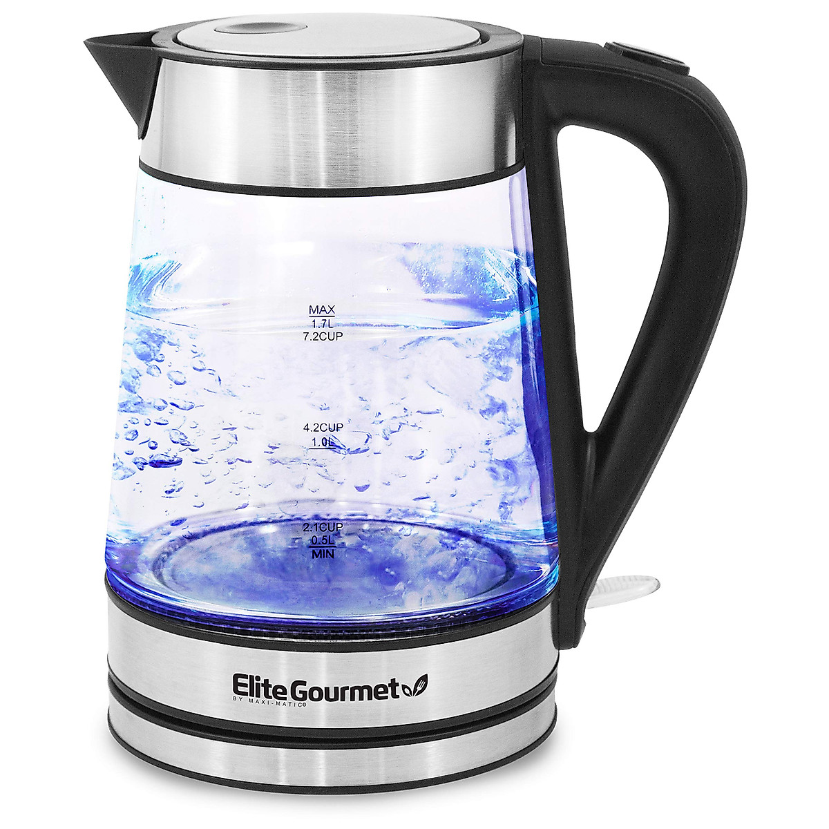 Elite Gourmet EKT602X Glass Electric Tea Kettle Hot Water Heater Boiler BPA-Free with Blue LED Interior, Fast Boil and Auto Shut-Off, Strix Controller, 1.7L, Stainless Steel