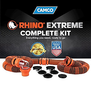 ﻿﻿Camco RhinoEXTREME 20-Foot Camper / RV Sewer Hose Kit - Premium Sewer Kit - Pre-Assembled & Ready-to-Use - Includes 4-in 1 Dump Station Adapter & Storage Caps - Crush & Abrasion Resistant (21012)