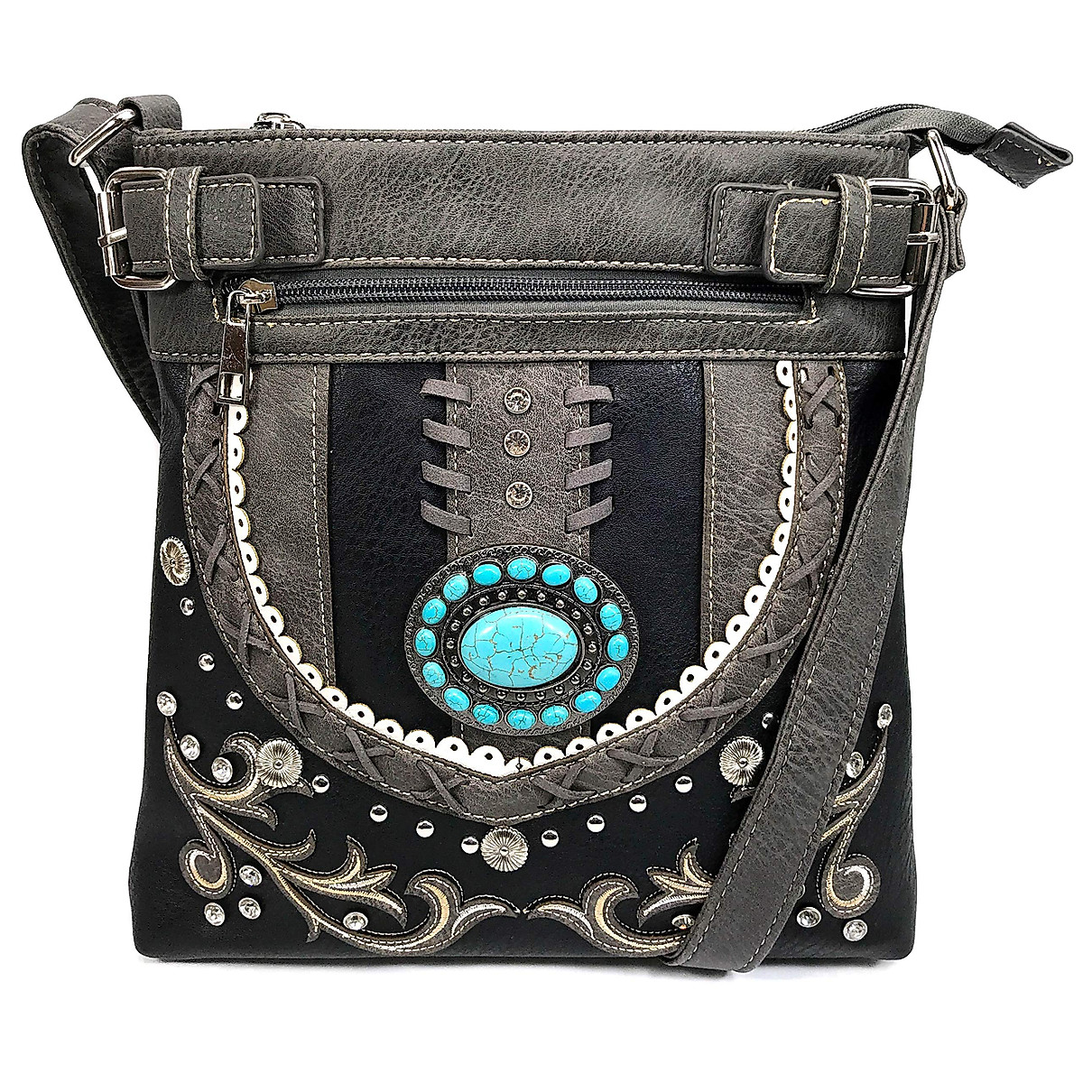 Justin West Tooled Gleaming Turquoise Stone Floral Laser Cut Rhinestone Messenger Bag Purse with Long Cross Body Strap (Black Pewter)
