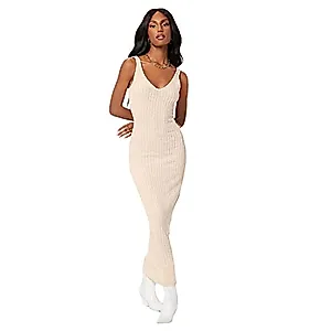 SheIn Women's Ribbed Knit Tank Bodycon Maxi Dress Basic V Neck Sleeveless Long Pencil Dresses Beige Small