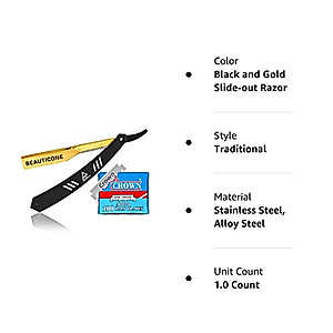 BEAUTICONE Straight Razor | Professional Barber Razor for men with 100 Single Edge Blades | Straight Edge Razor │slide-out design (Black and Gold Slide-out Razor)
