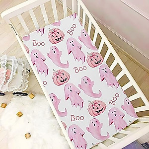 Mazeann Halloween Ghosts Pink Crib Sheets Soft Breathable Fitted Baby Crib Sheets Mattress Cover for Girl Boys, 52" x 28" x 9"