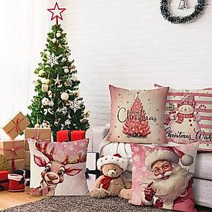 GAGEC Christmas Pillow Covers 18x18 Inch Set of 4 Santa Claus Christmas Tree Throw Pillow Covers Red Nose Reindeer Xmas Winter Pillowcase Home Decor Living Room Decorative Cushion Case for Sofa