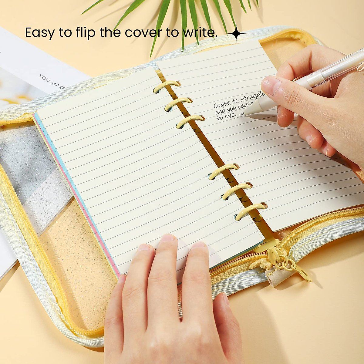 NEWEST A6 Zipper Binder Cover, Yellow Gradient PVC Loose-Leaf Notebook Planner Shell Protector, Sparkle Transparent Refillable 6-Ring Budget Cute Binder Folder for Cash Envelopes System