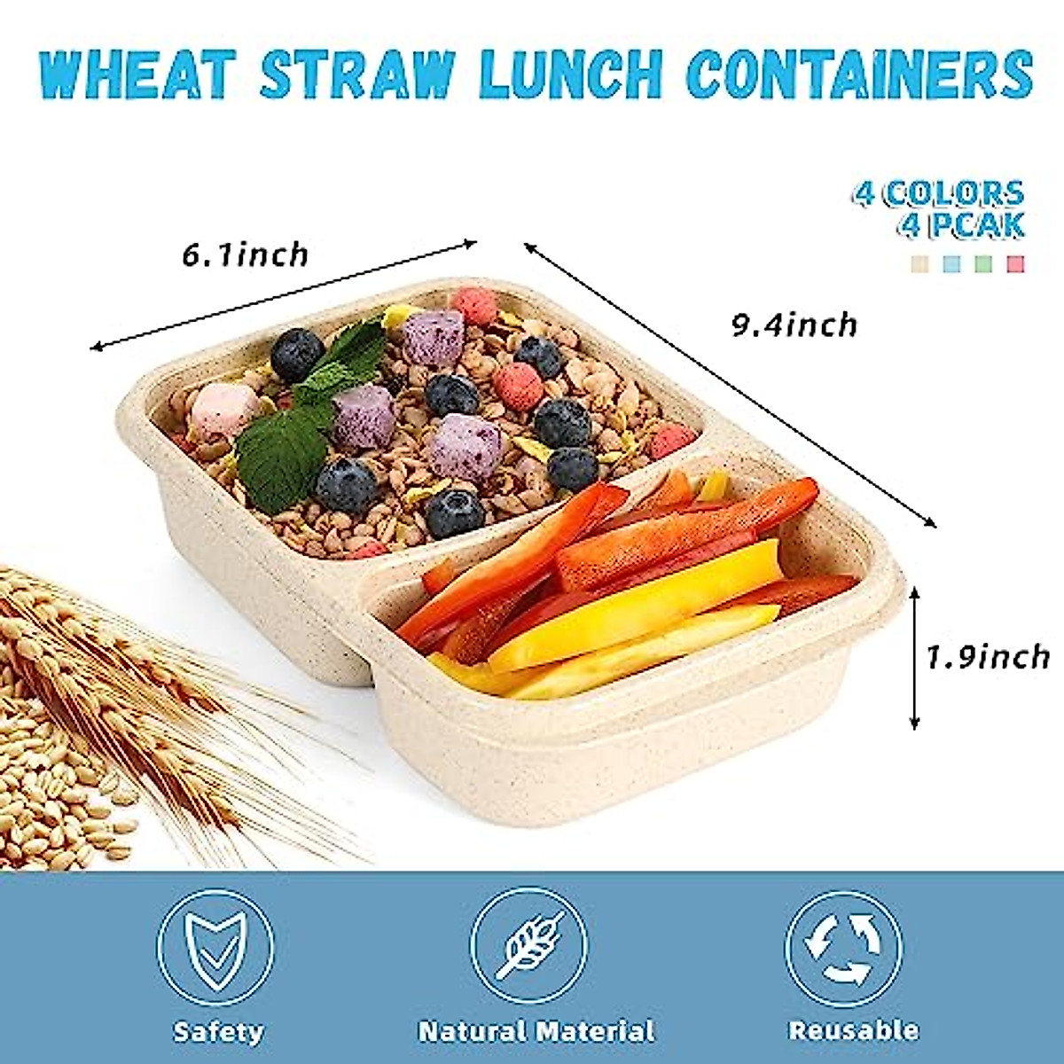 4 Pack Bento Lunch Box for Kids Adults, 2 Compartments Lunch Containers, Reusable Meal Prep Containers with Lids, Microwave & Dishwasher Safe, Divided Food Prep Containers for Travel, School ＆ Work