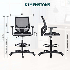 SMUG Tall Armrests, Counter Height Standing Desk, Mid Back Mesh Office Drafting Chairs with Adjustable Foot Ring, Black