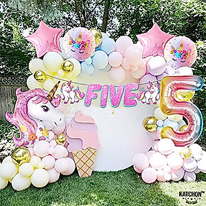 KatchOn, Unicorn 5th Birthday Decorations Girl - Glitter Five Banner, Number 5 Balloon 40 Inch | Giant Unicorn Balloons, 43 inch | Unicorn Decorations for Birthday Party | Unicorn Party Decorations