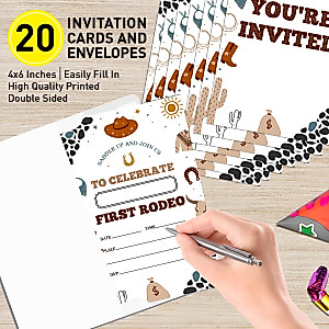 UDNADKEX First Cowboy Birthday Invitations with Envelopes, Invites for 1st Birthday Party Country Western, Wild West Birthday Party Invitations Cards, First Rodeo, 4"x6" Set of 20