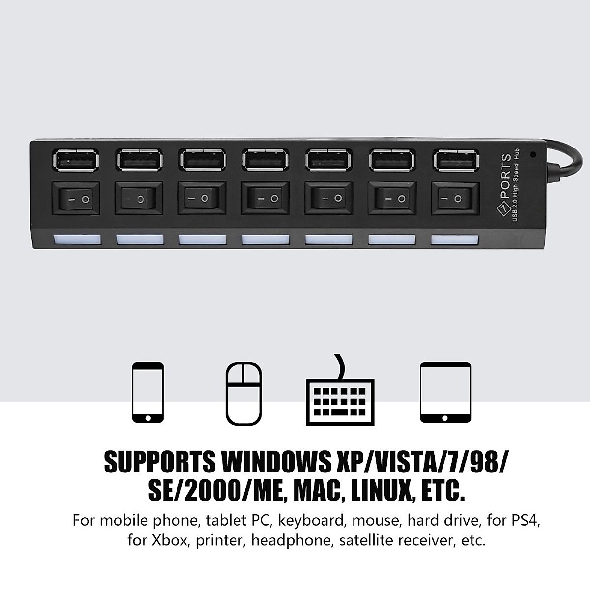7 Port USB Hub,480Mbps No Conflict Plug & Play USB 2.0 Charger Hub with 7 Independent Switches and Multi-Level for Mobile Phone, Tablet PC, Keyboard, Mouse, Hard Drive, etc