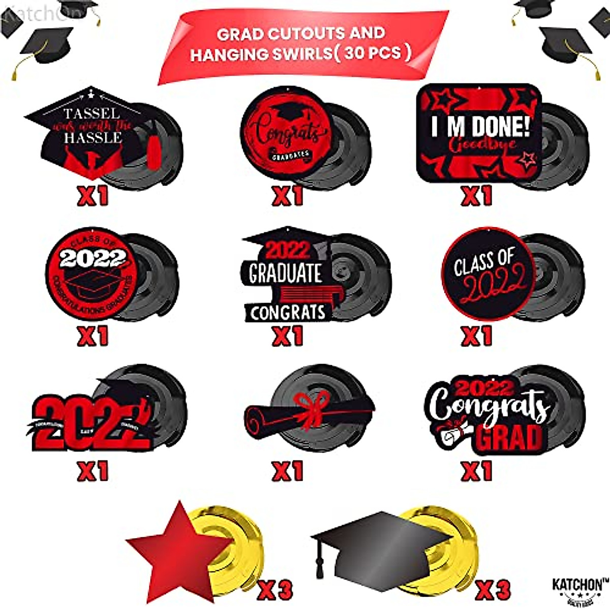 45 Pieces, Red Graduation Hanging Decorations - Large Cutout, No DIY | Graduation Swirls, Red and Black Graduation Decorations 2022, Graduation Hanging Swirls Decorations, Graduation Party Decorations