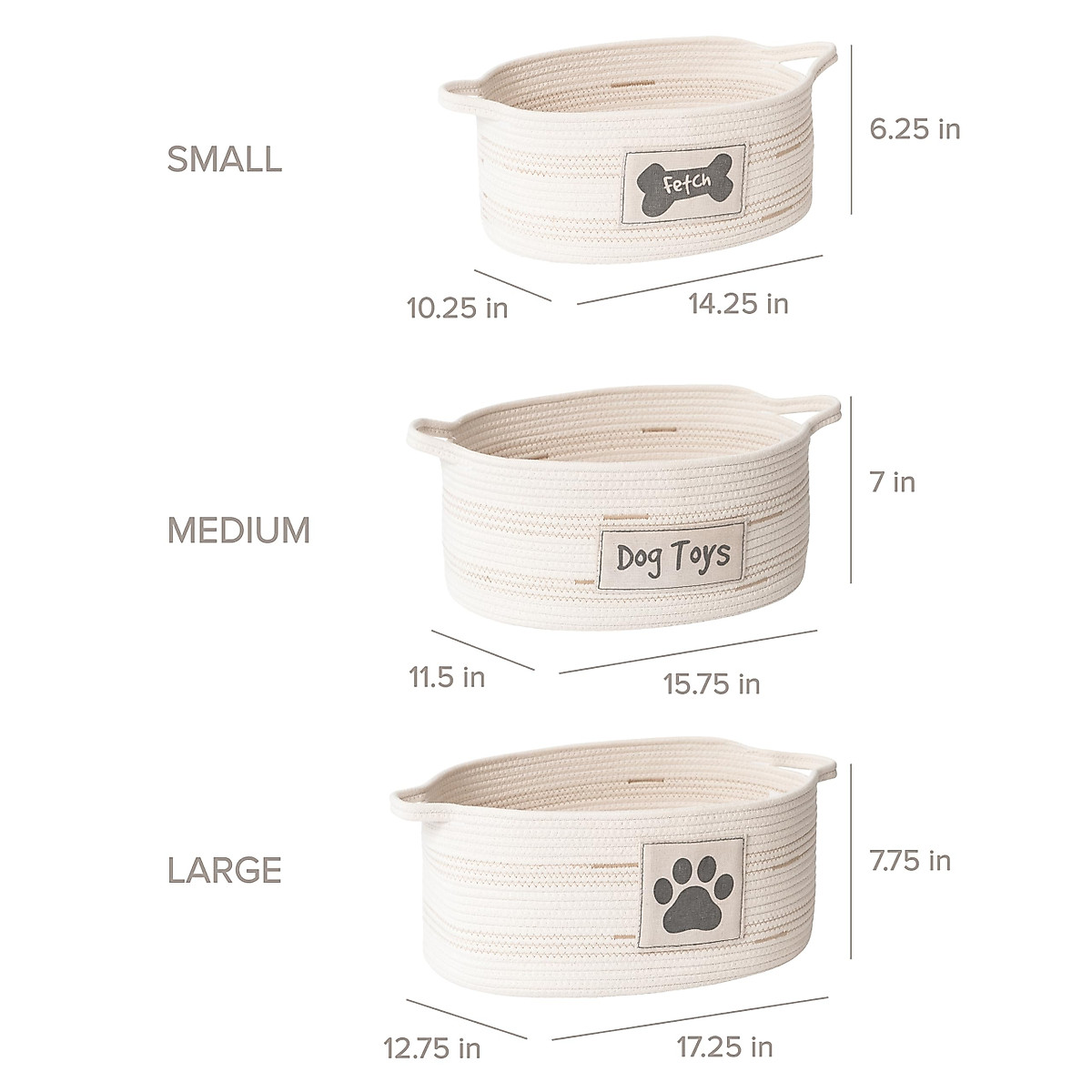 RGI Home Dog Toy Storage Baskets – Set of 3 Oval Fabric Rope Organizer Bins for Pet and Household Storage, Multi-Sized with Easy-Carry Handles, Durable and Stylish, Charcoal Gray on Ivory