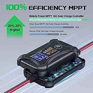 10Amp 12 Volt MPPT Solar Charge Controller, Bateria Power Intelligent Portable Solar Panel Controller, Max PV 150W 30Voc Solar Regulator for Gel AGM Lead-Acid, Lithium LiFePO4 Battery (SunRock 10)