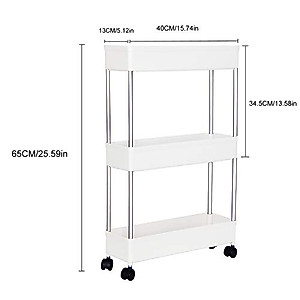 YooFZler 3 Tier Slim Storage Cart Mobile Tower Rack Rolling Shelving Unit Storage with Casters Wheels&4 Side Hoops for Kitchen Bathroom Laundry Room