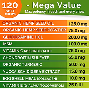 GOODGROWLIES Hemp Hip & Joint Supplement for Dogs - Made in USA - Glucosamine - MSM - Turmeric - Hemp Seed Oil Infused Treats - Natural Joint Pain Relief & Mobility - 120 Soft Chews