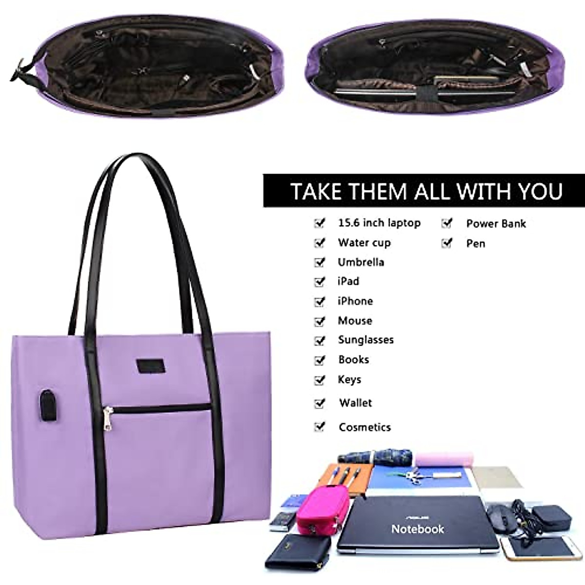 Laptop Tote Bag, Large Women Work Bag Purse USB Teacher Bag Fits 15.6 Inch Laptop (15.6 Inch, Purple)