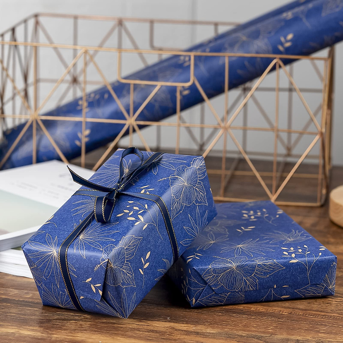 RUSPEPA Kraft Wrapping Paper Roll - Blue Flowers and Plants Pattern - 30 Inches x 100 Feet