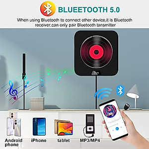 Portable Bluetooth CD Player,Wall Mountable CD Player for Home with Remote Control Dust Cover LCD Display Built-in HiFi Speakers FM Radio,Support CD/MP3/USB/TF/AUX Input Output (Black)