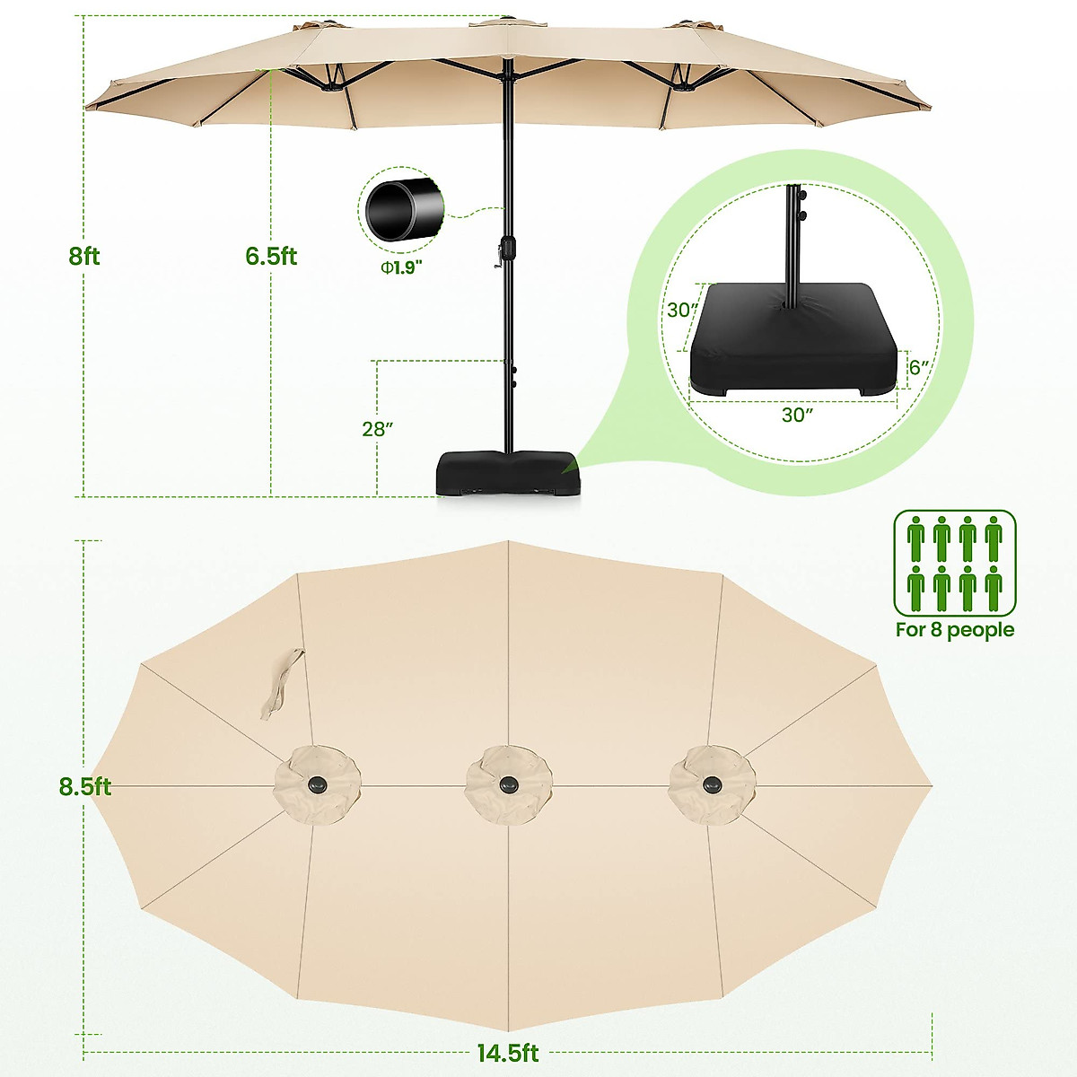 SEJOV 15FT Outdoor Patio Umbrellas with Base Included, Double Sides Market Table Umbrella with Crank System, 12 Steel Ribs and Air Vents, UV Protected Large Deck Umbrella for Garden, Lawn, Poolside