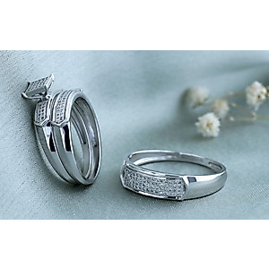 Dazzlingrock Collection 0.30 Carat (ctw) Round White Diamond Square Framed Wedding Trio Ring Set in 925 Sterling Silver, Women size 7 & Men size 9.5