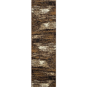 Champion Rugs Abstract Contemporary Modern Design Brushed Colors Stripes Brown Mocha Area Rug Carpet (2’ X 7’ Runner)