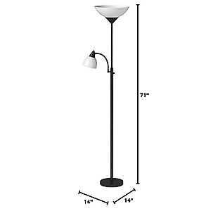 Adesso 7202-01 Piedmont 71" Torchiere with Adjustable Reading Lamp, 2 Lights, Black, Smart Outlet Compatible