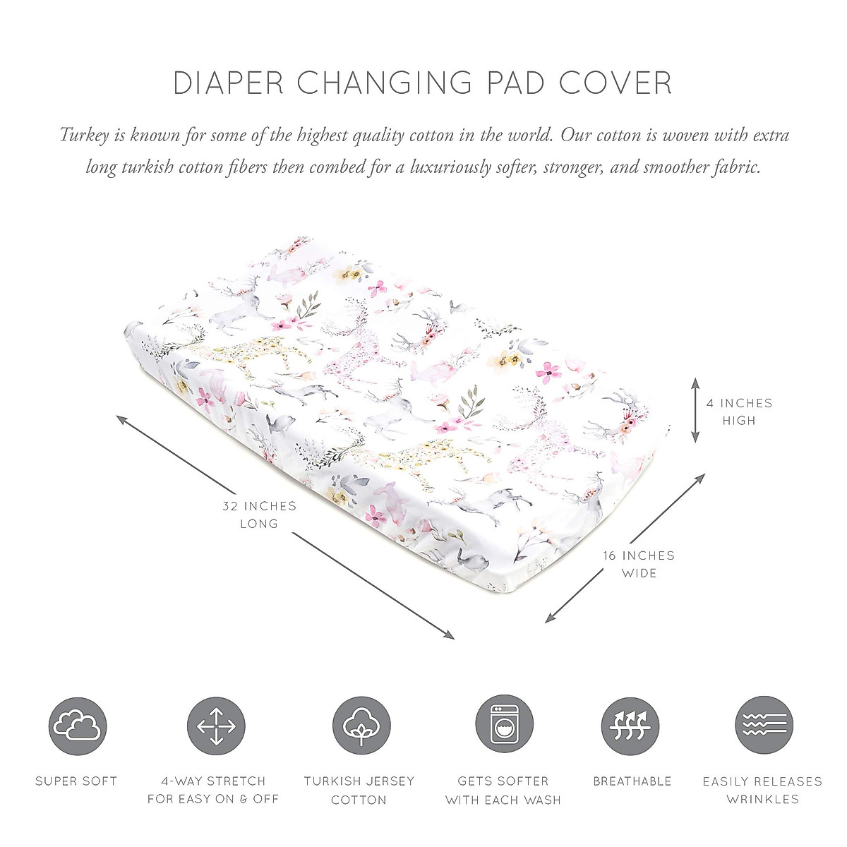 Oilo Changing Pad Cover, Breathable 100% Turkish Cotton Fitted Jersey, 300 Thread Count, Machine Washable, Fits Standard Changing Pads (32" x 16"), Girl, Boy, & Neutral Nursery Design, Fawn