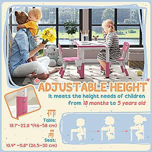 Qaba 3 Pieces Kids Table and Chairs, Height Adjustable Toddler Table and Chair Set with Storage, Easy to Wipe, Activity Table 2 Chairs for Classroom, for Daycare Classroom, 18 Months-5 Years, Pink
