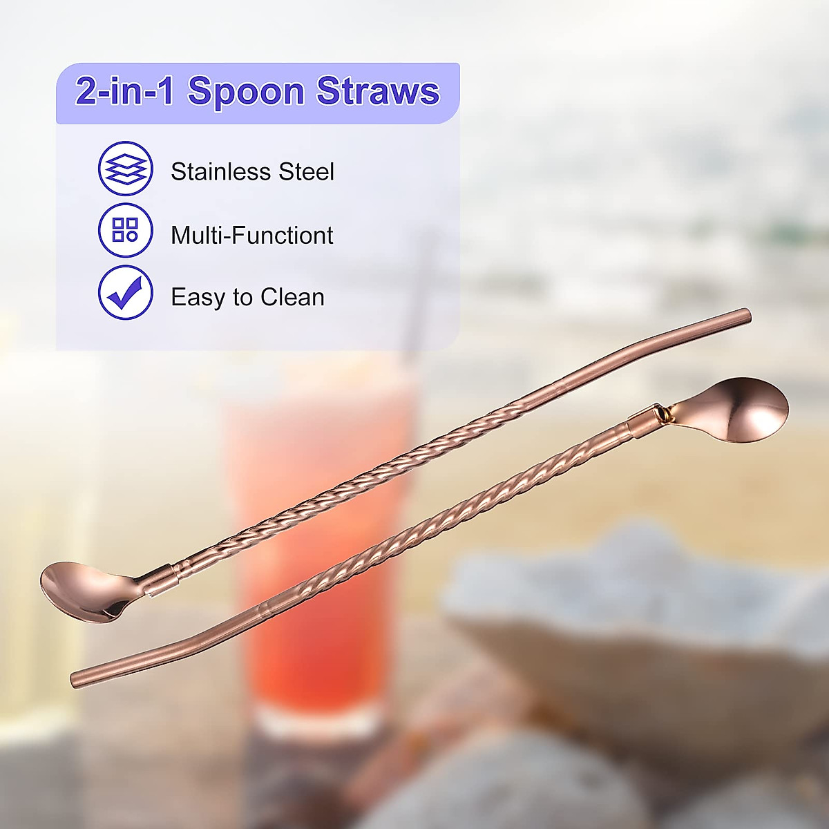 uxcell Stainless Steel Spoon Straws, 4Pcs 8.6" Reusable Metal Long Handle Drinking Straws Spoon for Milkshake Drinks Cocktail, Rose Gold