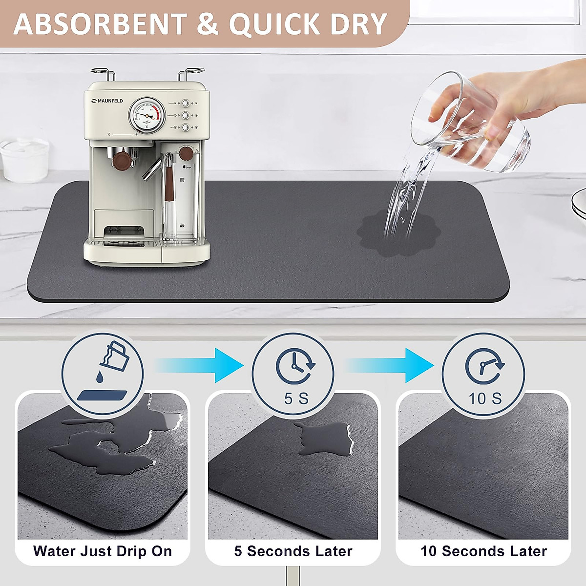 WEKEY Coffee Mat Hide Stain,Drying Mat for Kitchen Counter,Coffee Maker Mat for Countertops, Absorbent Coffee Bar Mat for Kitchen Counter,Coffee Bar Accessories Under Appliance Mats (Gray, 12*20 IN)