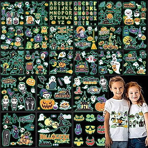 24 Sheets Halloween Iron on Transfers Decals Patches for Clothing Glow in Dark Halloween Heat Transfer Halloween Pumpkin Heat Transfer Stickers for Kids T-Shirt Hat Bag DIY Supplies Decorations