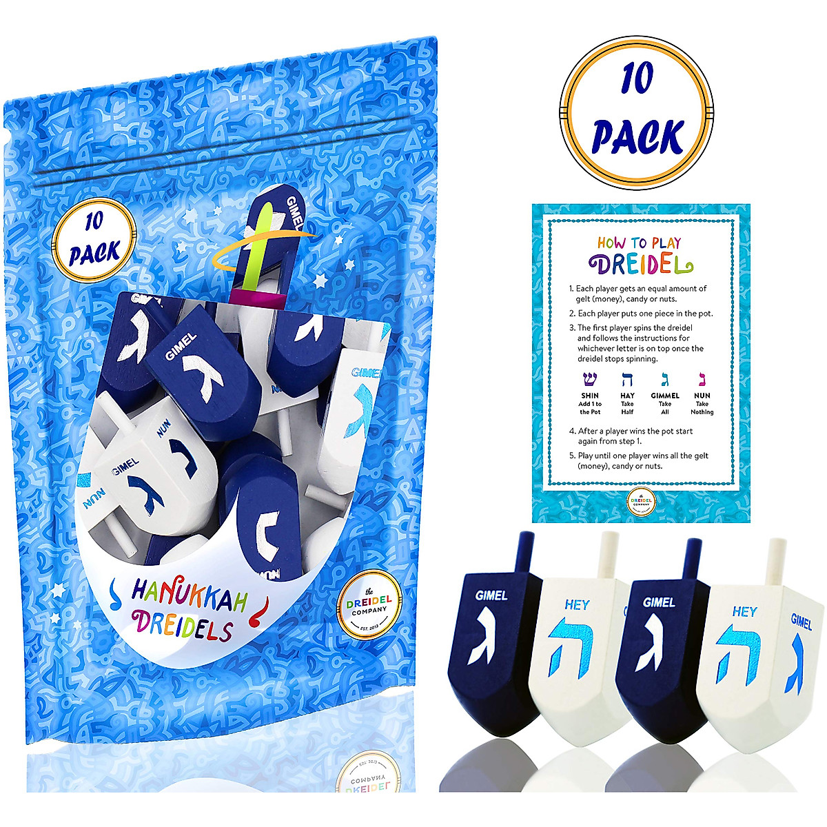 The Dreidel Company Extra Large Blue & White Hand Painted Wooden Hanukkah Dreidels - Includes Game Instruction Cards- (10-Pack XL)