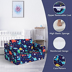 decalsweet Kids Couch Convertible Sofa to Lounger for Toddler Boy, Foldable 2-in-1 Kids Sofa Bed, Toddler Chairs Comfy for Bedroom Playroom, Blue Dinosaur