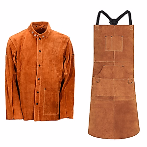 QeeLink Leather Welding Work Jacket with Leather Apron Flame-Resistant Heavy Duty Split Cowhide Leather Welder Jackets with Welding Apron for Men & Women, XX-Large