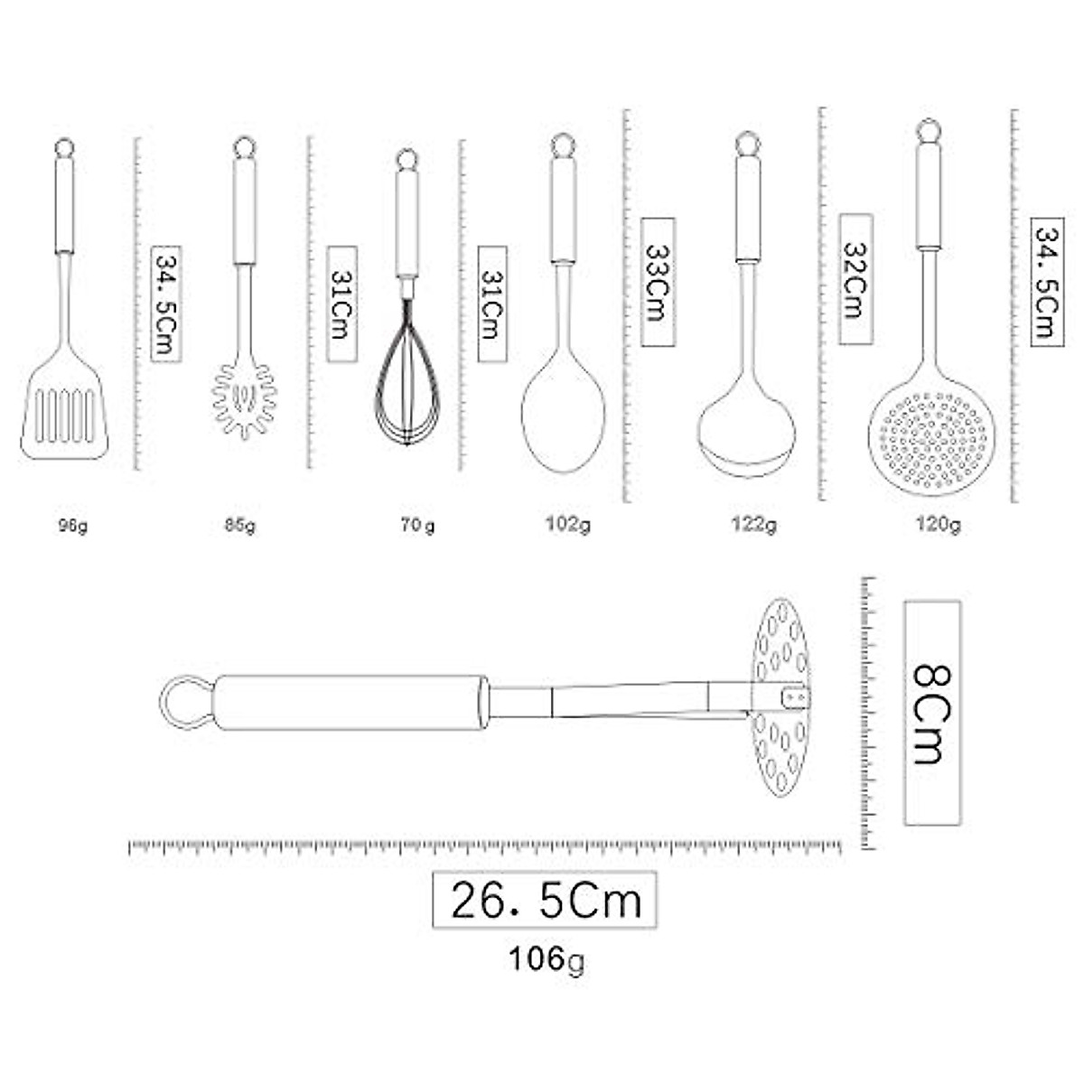 Berglander Cooking Utensil Set 8 Piece, Stainless Steel Kitchen Tool Set with Stand,Cooking Utensils, Slotted Tuner, Ladle, Skimmer, Serving Spoon, Pasta Server,Potato Maseher, Egg Whisk. （8 Pieces）