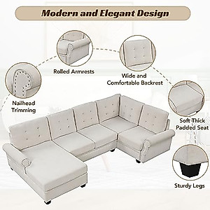 FULife Modern U-Shaped Sectional Sofa with Chaise Lounge,Comfy Modular Couch w/Nailhead Trim Armrest,Linen Fabric Upholstered 6-Seater Corner Sofá for Living Room Apartment Office, Beige 120" w