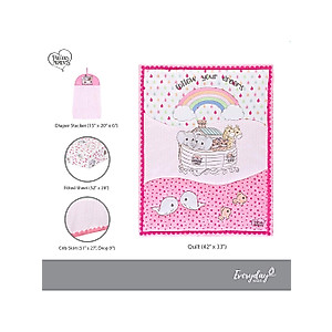 EVERYDAY KIDS Precious Moments Noah’s Ark 4 Pc Crib Bedding for Girls Nursery Set Includes Baby Bed Quilt, Fitted Sheet, Dust Ruffle and Diaper Stacker with Sweet Images of Elephants and Giraffes