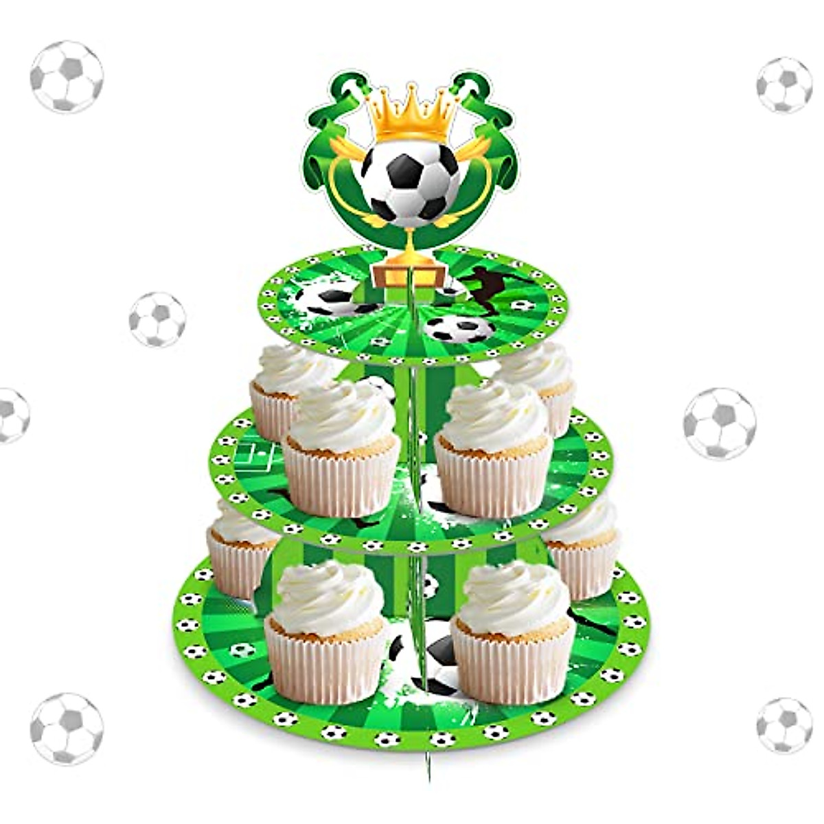 LJCL 2PCS 3-Tier Soccer Cupcake Stand and Dessert Tower, Football Cupcakes Stand Reusable Kid Birthday Baby Shower Sports Theme Party Supplies Dessert Stand, 12X15in