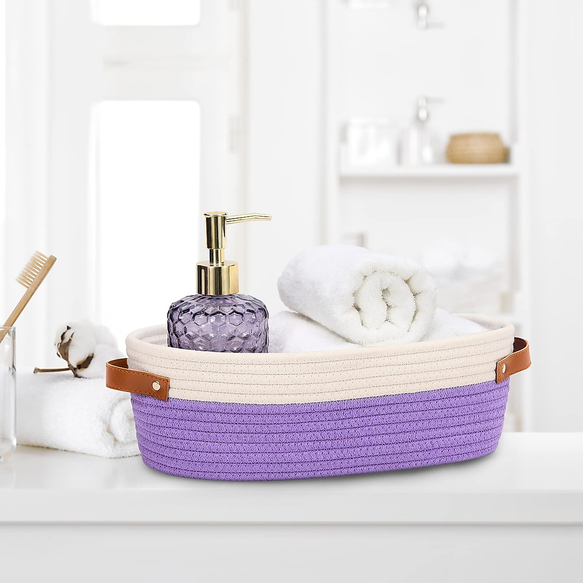 HLWDFLZ Bathroom Countertop Organizer Basket, Cotton Rope Woven Storage Basket Toilet Paper Decorative Basket for Bathroom, Bedroom, Living Room, Entryway 13"x6.3"x4.3" (Off White/Purple)