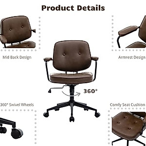 HEAH-YO Modern Home Office Desk Chair, Height-Adjustable Computer Desk Chair with Wheels and Arms, Swivel Task Chair with Back Support for Home Office, PU Brown