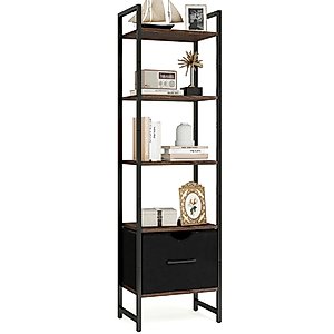 Fun Memories 5-Tier Bookshelf with Drawer - Tall & Narrow Bookcase, Solid Wood & Metal Book Shelf Storage Organizer, Free-Standing Storage Unit for Bedroom, Living Room, Home Office-Brown