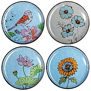 Bicuzat 6-Inch Porcelain Snack Plate, Banquet Dessert Plate, Flower and Bird Pattern, Set of 4