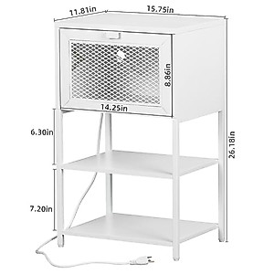 LEBOAHOUS Nightstand with Charging Station and USB Port, 3 Tier Industrial Night Stand, Bedside Table with Flip Storage Drawer and Open Shelf, End Side Table for Bedroom, Office, Dorm 26.2''H (White)
