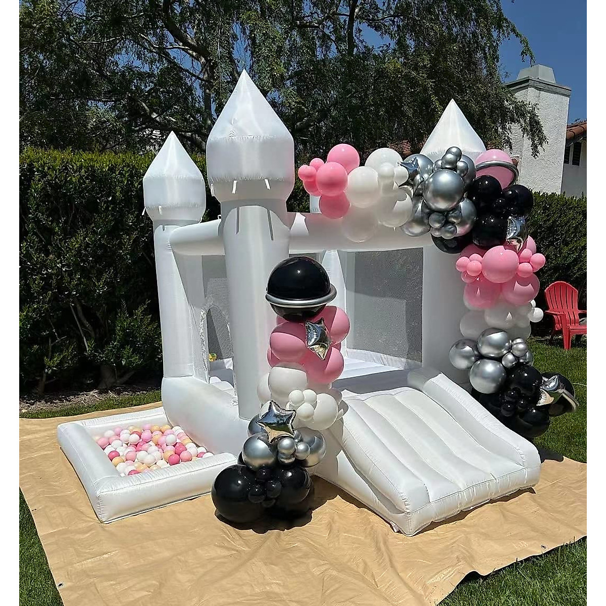 White Bounce House, Castle Theme Kids Inflatable Trampoline with UL Blower, Durable and Easy to Set up, Safe and Fun for Active Kids.