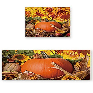 2 Pcs Kitchen Mats Runner Rug Set Anti Fatigue Standing Mat Rubber Backing Fall Pumpkin Autumn Harvest Maple Leaves Apple Print Washable Floor Mat Area Rug for Home/Office
